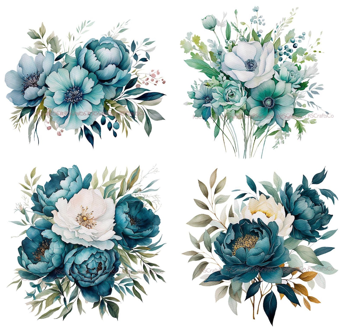 Teal Floral Clipart Blue Green Color Flower / Clip Art Elements ...