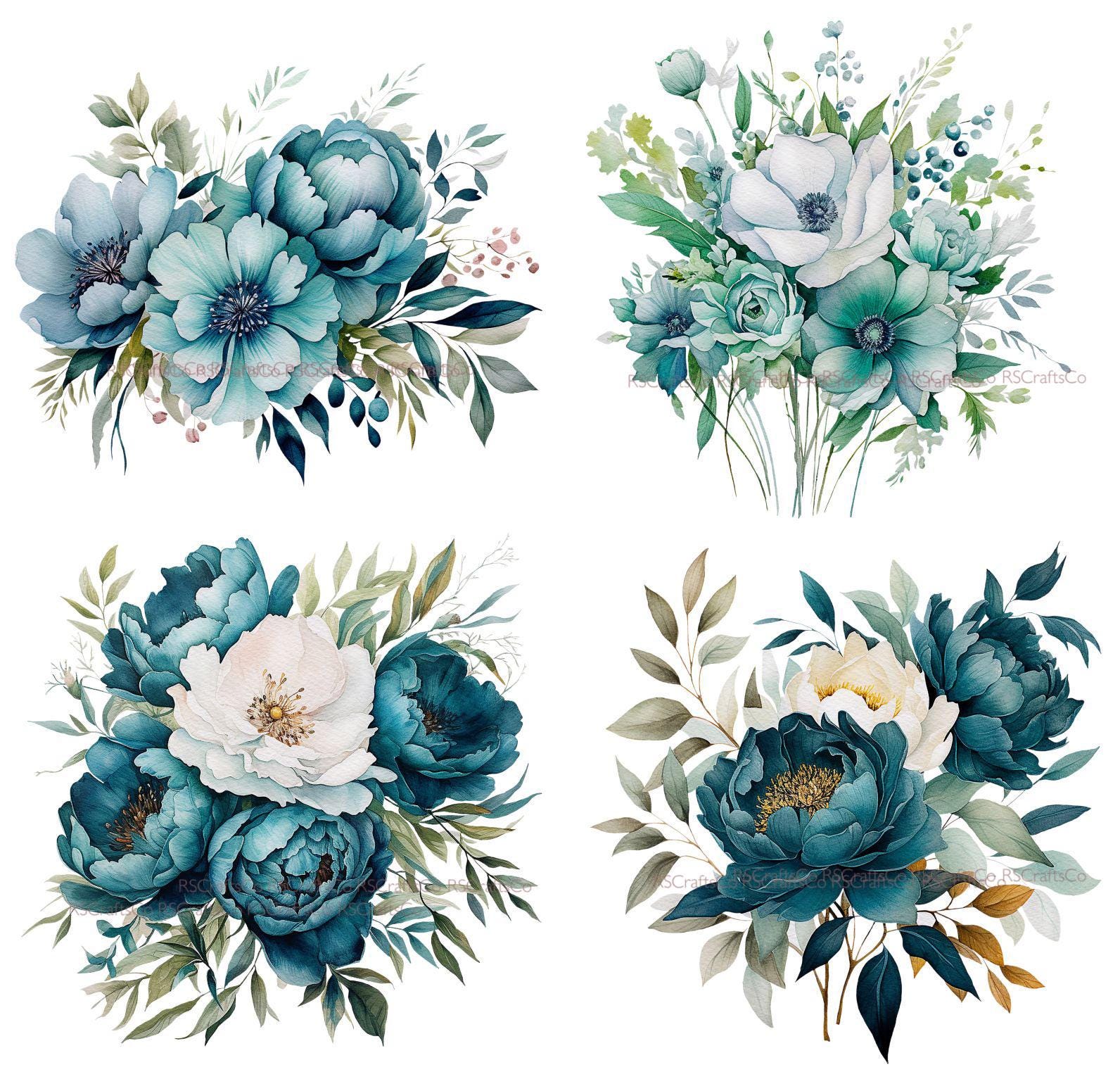 Teal Floral Clipart Blue Green Color Flower / Clip Art Elements ...