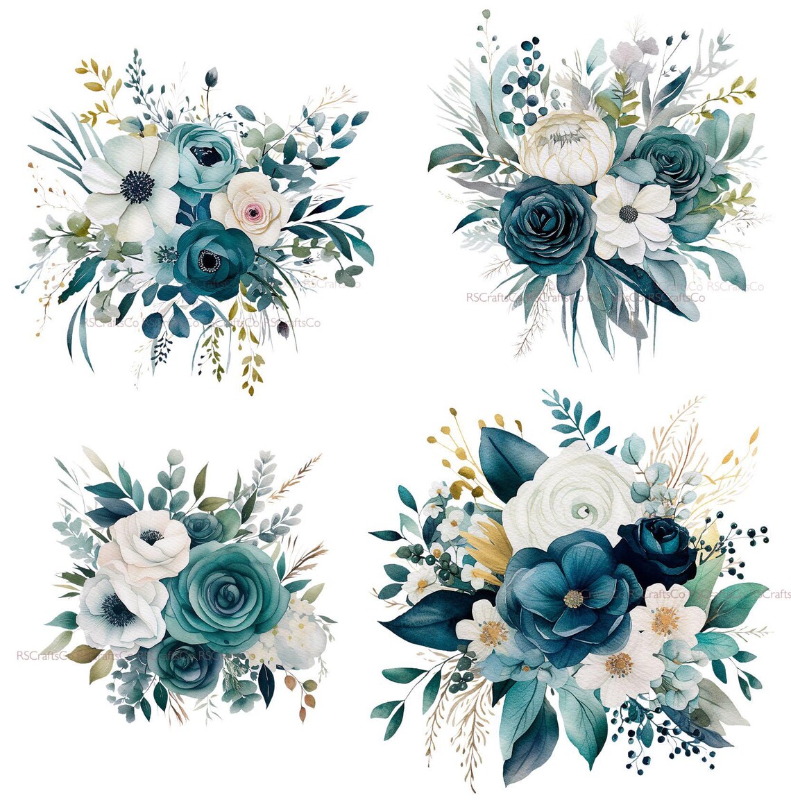 Teal Floral Clipart Blue Green Color Flower / Clip Art Elements ...