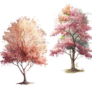Pink Tree Clipart / Clip Art Elements / Trees Watercolor Art / Graphics ...