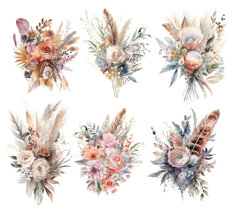 Boho Flower Clip Art Bouquet Flower Clip Art Elements, Watercolor Art ...