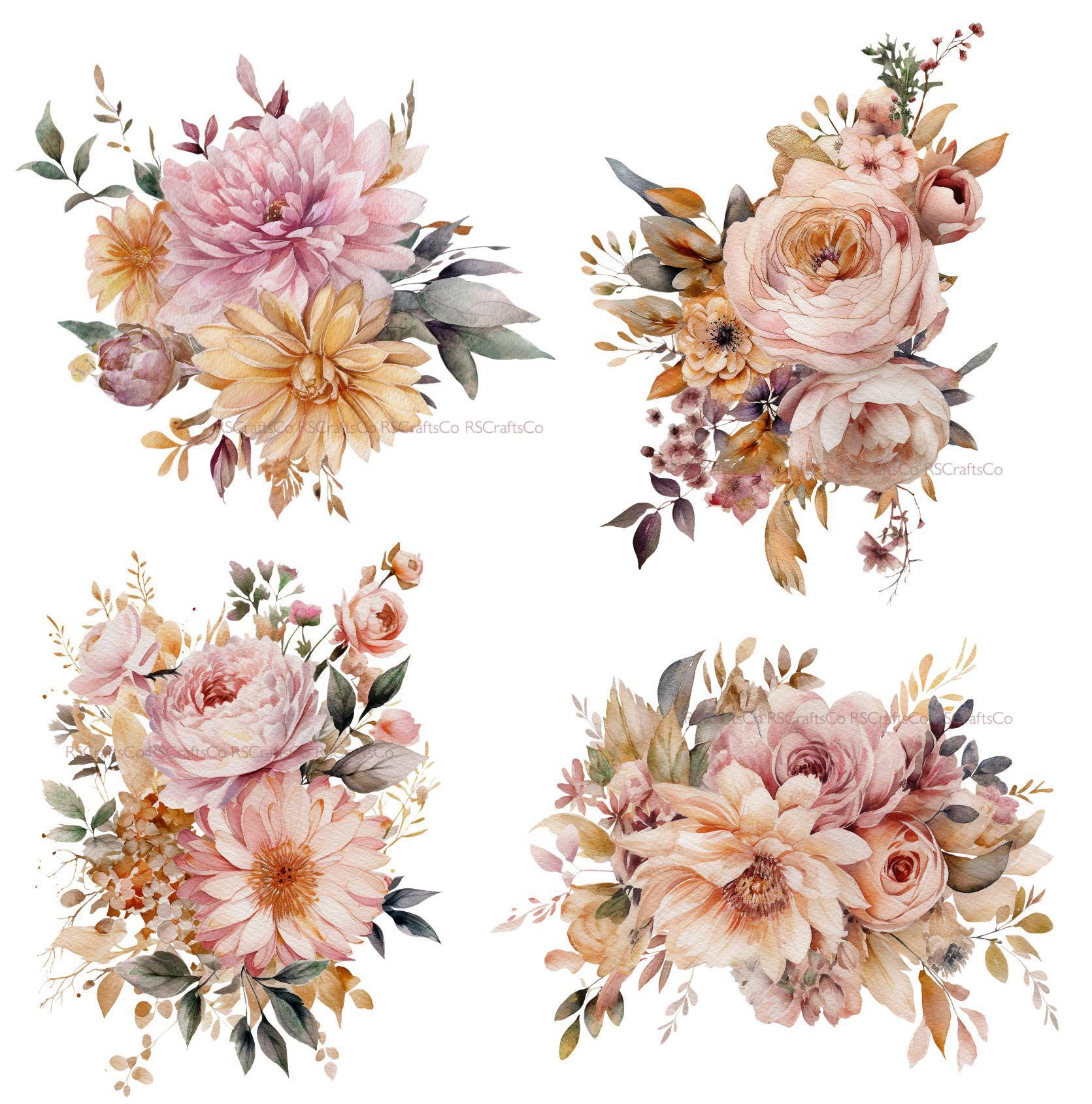 Pink Amd Peach Florals PNG Digital Clip Art, Blush Neutral Flowers ...