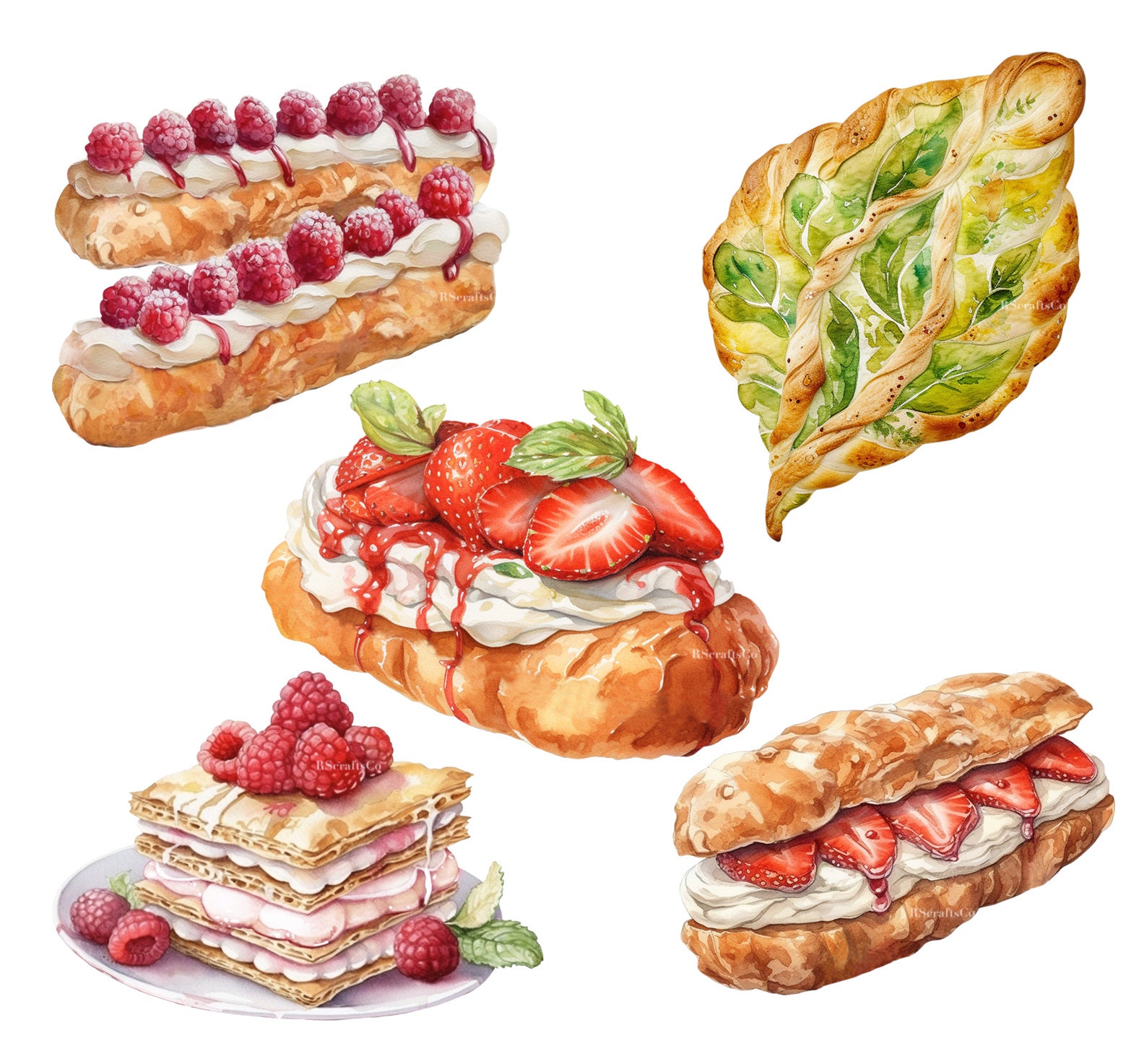 Watercolor Pastries Clip Art Elements, Bread Clipart, Bakery Graphics ...
