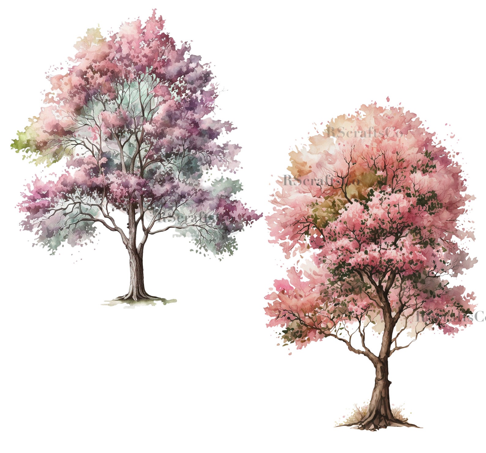 Pink Tree Clipart / Clip Art Elements / Trees Watercolor Art / Graphics ...