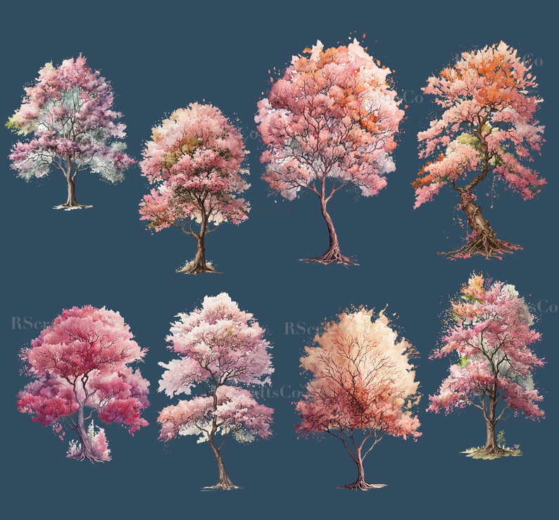 Pink Tree Clipart / Clip Art Elements / Trees Watercolor Art / Graphics ...
