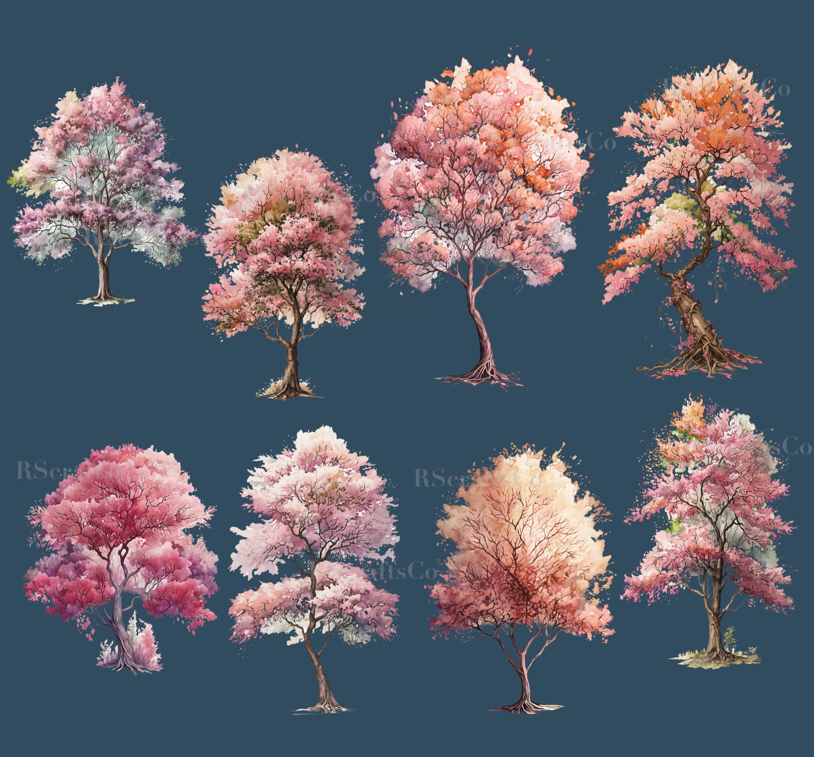 Pink Tree Clipart / Clip Art Elements / Trees Watercolor Art / Graphics ...