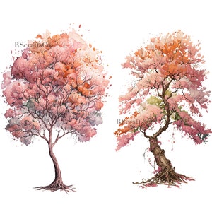 Pink Tree Clipart / Clip Art Elements / Trees Watercolor Art / Graphics ...
