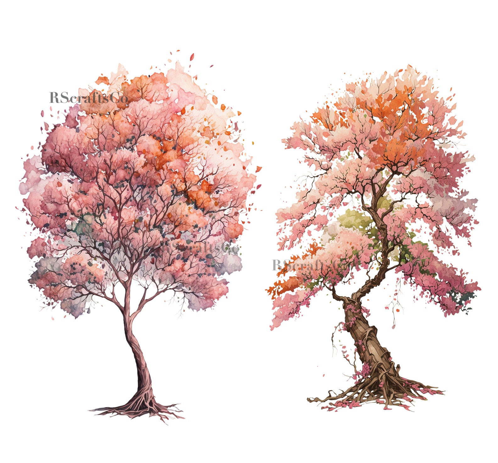 Pink Tree Clipart / Clip Art Elements / Trees Watercolor Art / Graphics ...