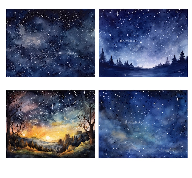 Watercolor Starry Night Sky Scene Digital Paper Clipart - Etsy
