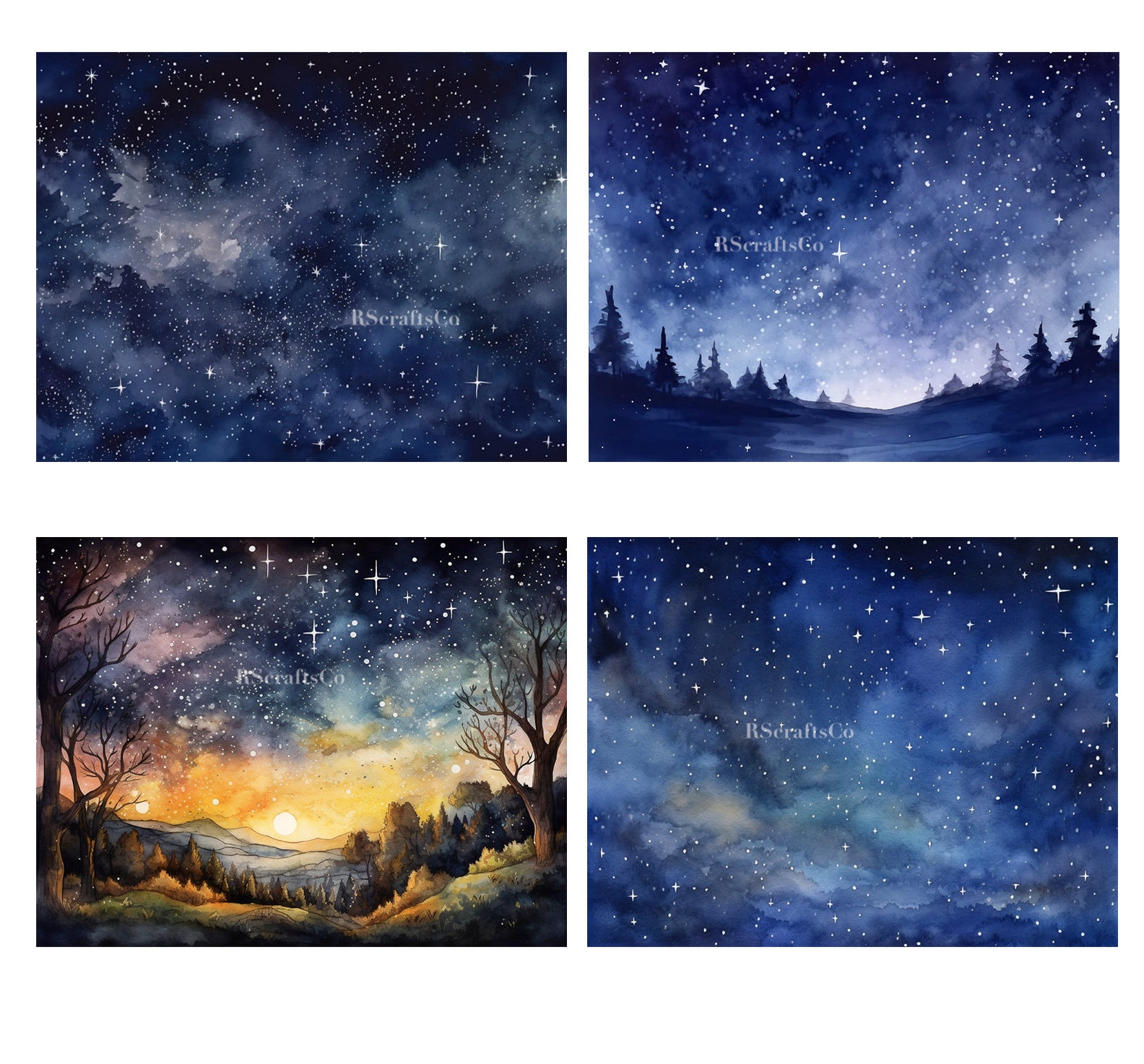 Watercolor Starry Night Sky Scene Digital Paper Clipart - Etsy