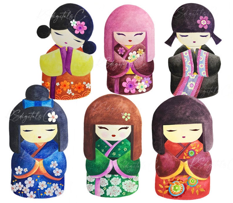 Kokeshi Doll Clip Art Elements / Watercolor Art / Japanese Doll ...