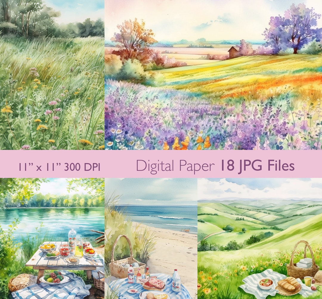 Watercolor Spring Picnic Scenes Digital Paper Clipart, Invitations ...