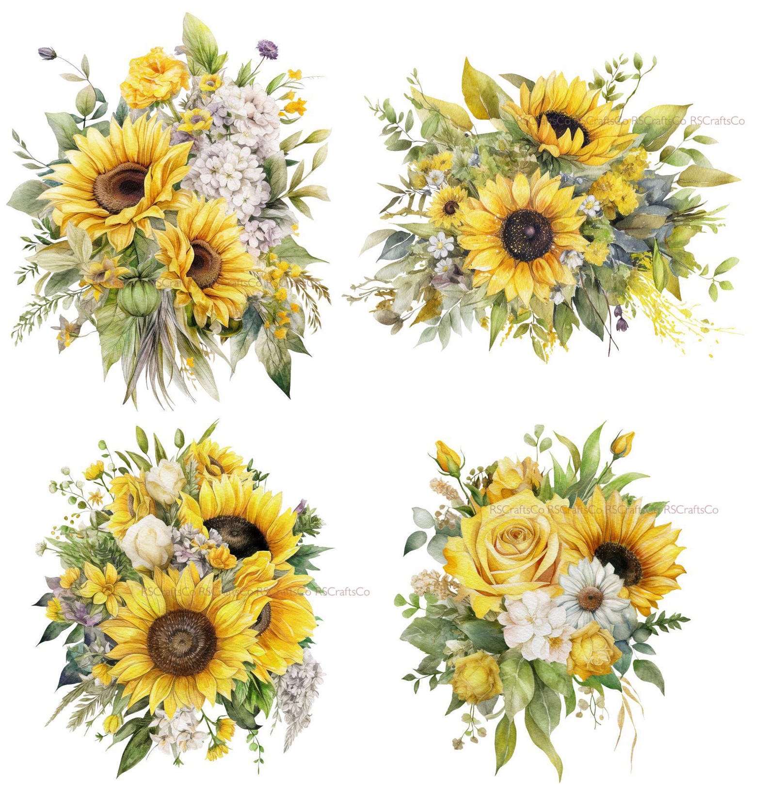 Sunflower Floral Clipart Flowers / Clip Art Elements / Watercolor Art ...