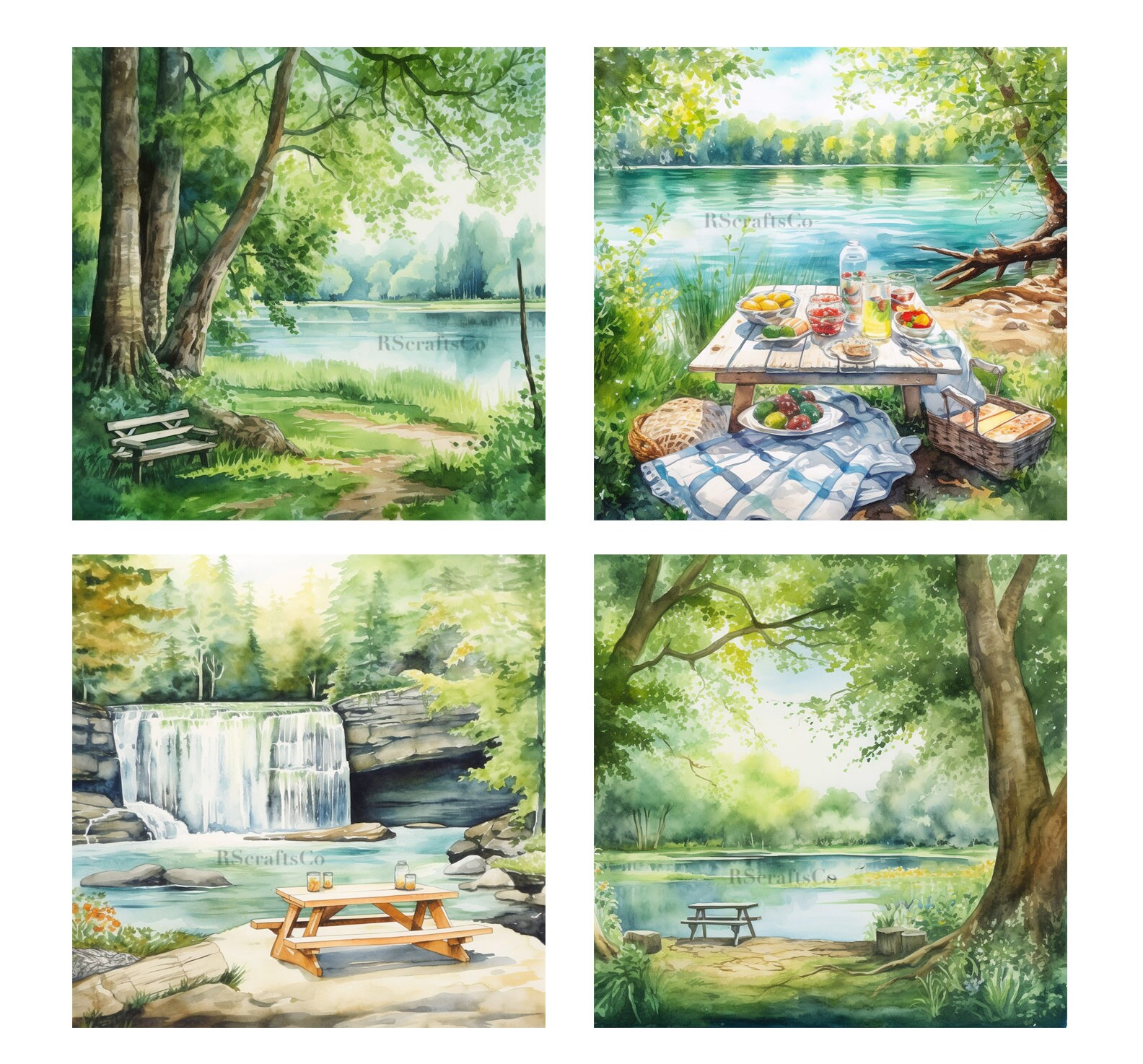 Watercolor Spring Picnic Scenes Digital Paper Clipart, Invitations ...