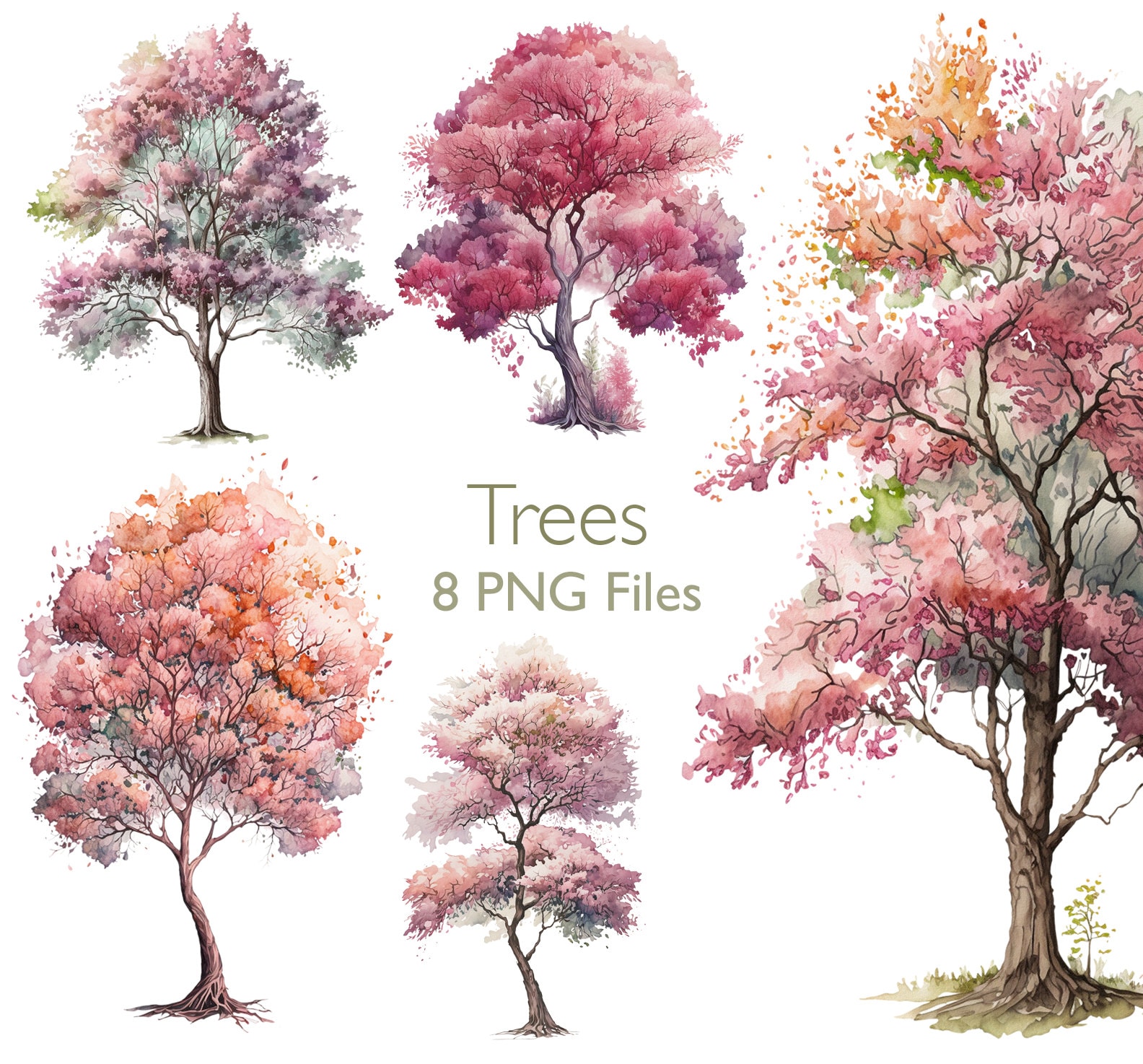 Pink Tree Clipart / Clip Art Elements / Trees Watercolor Art / Graphics ...