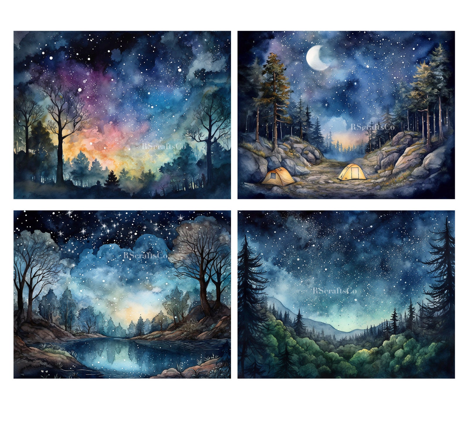 Watercolor Starry Night Sky Scene Digital Paper Clipart, Invitations ...