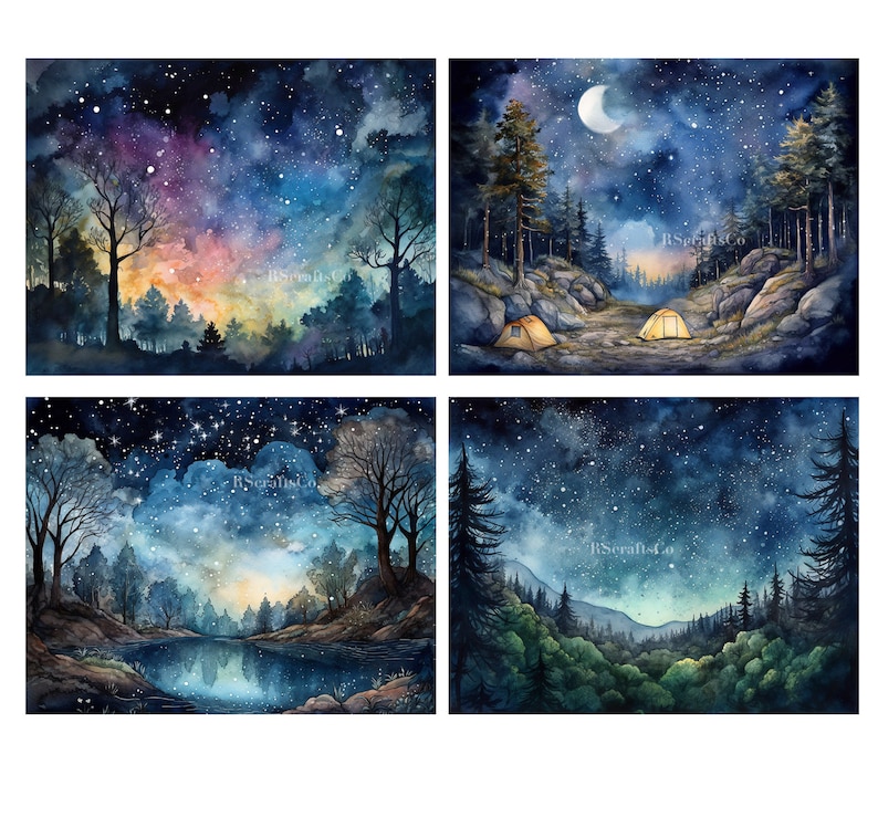 Watercolor Starry Night Sky Scene Digital Paper Clipart, Invitations ...