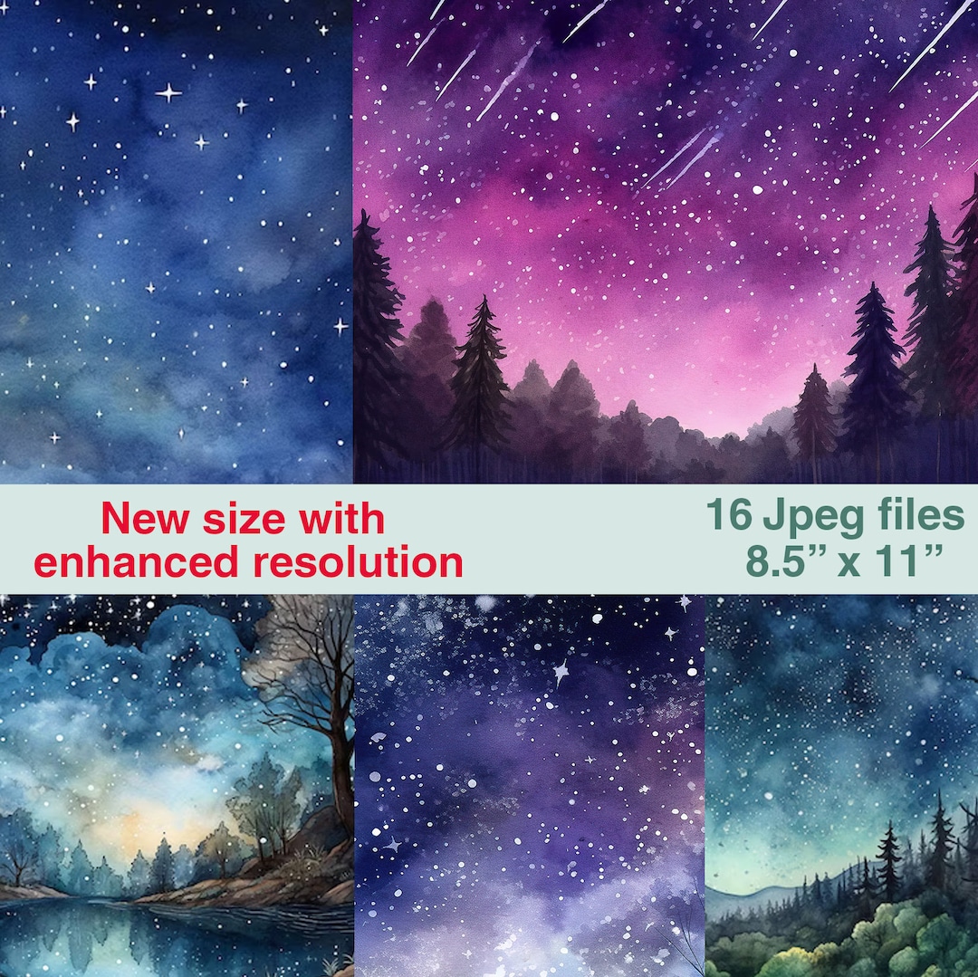 Watercolor Starry Night Sky Scene Digital Paper Clipart, Invitations ...
