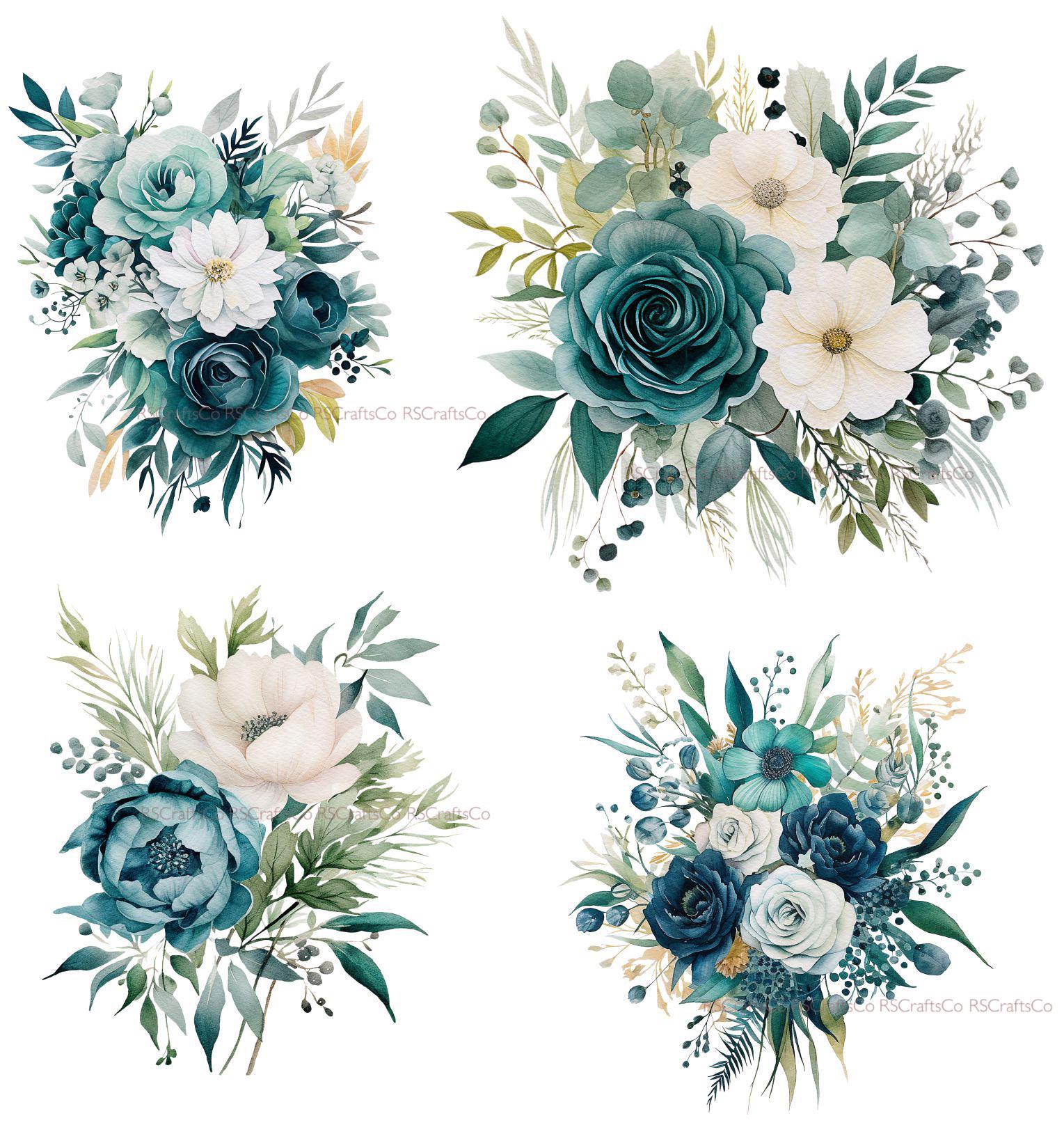 Teal Floral Clipart Blue Green Color Flower / Clip Art Elements ...