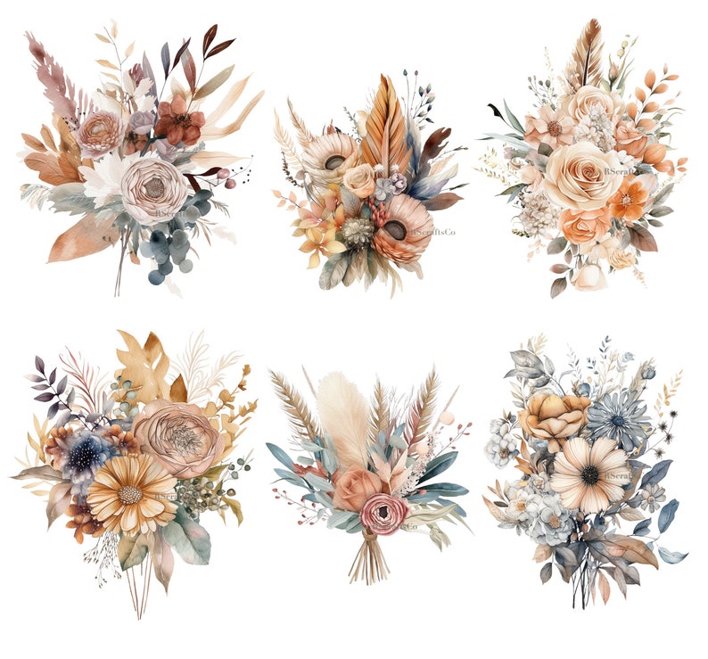 Boho Flower Clip Art Bouquet Flower Clip Art Elements, Watercolor Art ...