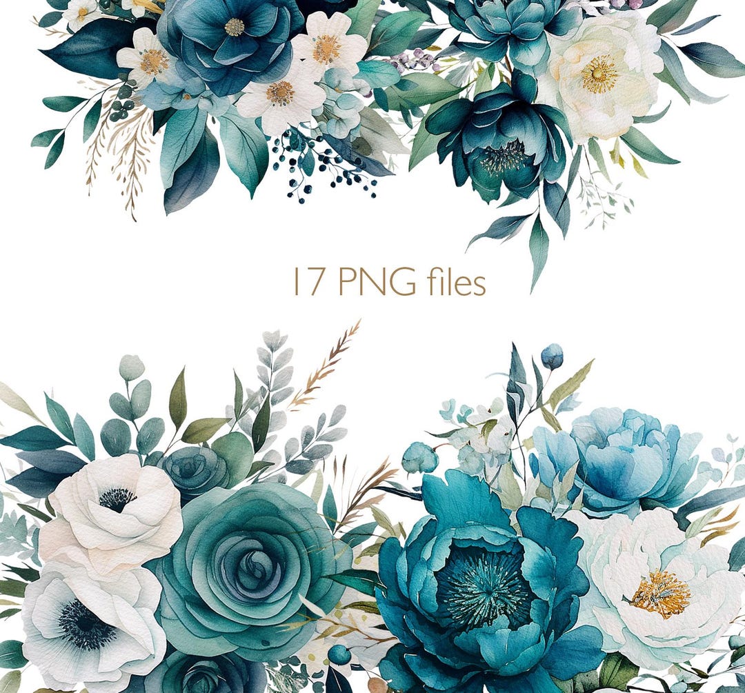 Teal Floral Clipart Blue Green Color Flower / Clip Art Elements ...