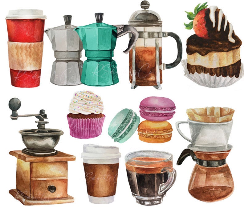 Watercolor Coffee Clip Art Elements / Watercolor Art / Cupcake - Etsy
