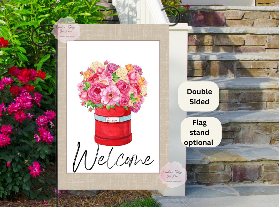 Welcome Floral Flag, Spring Flower Basket Flag, Spring Garden Flag ...