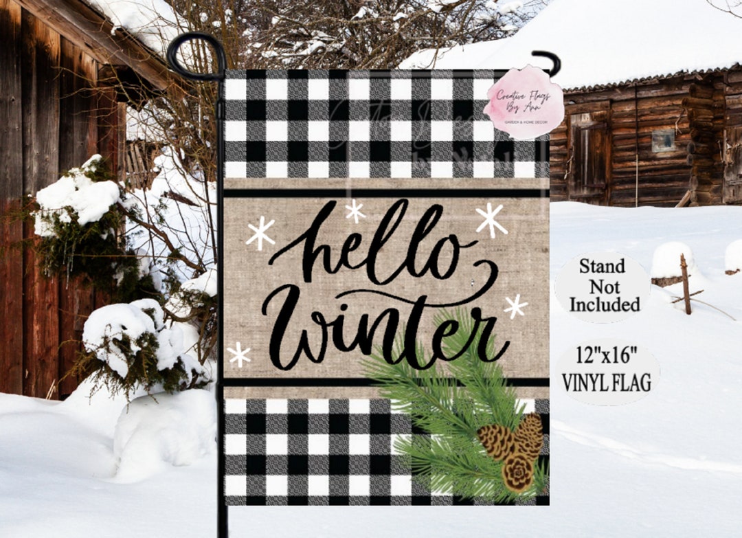 Hello Winter Flag, Plaid Garden Flags, Winter Pinecone Garden Flag ...