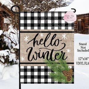 Hello Winter Flag, Plaid Garden Flags, Winter Pinecone Garden Flag ...
