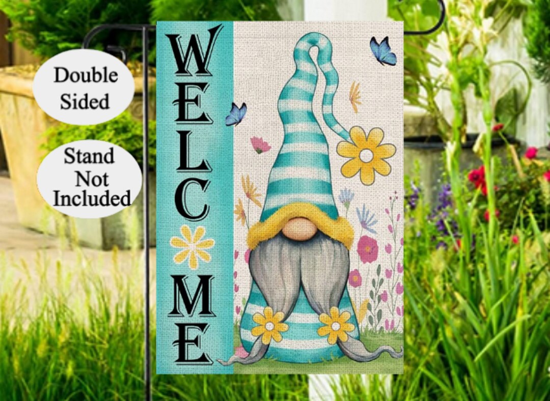 Welcome Flag With Blue Gnome, Spring Gnome Garden Flag, Spring Welcome ...
