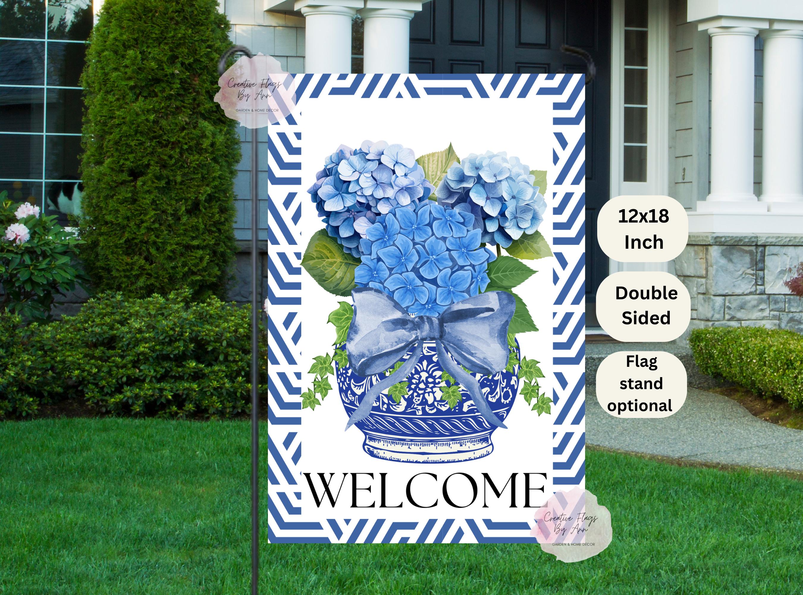 Hydrangeas Welcome Flag, Ginger Jar Flag , Personalized Blue Hydrangeas ...