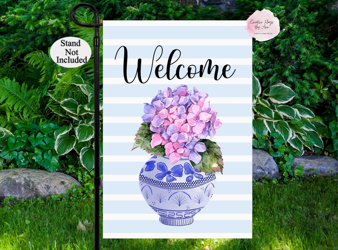 Hydrangea Welcome Garden Flag , Chinoiserie Yard Flag, Grandmillenial ...