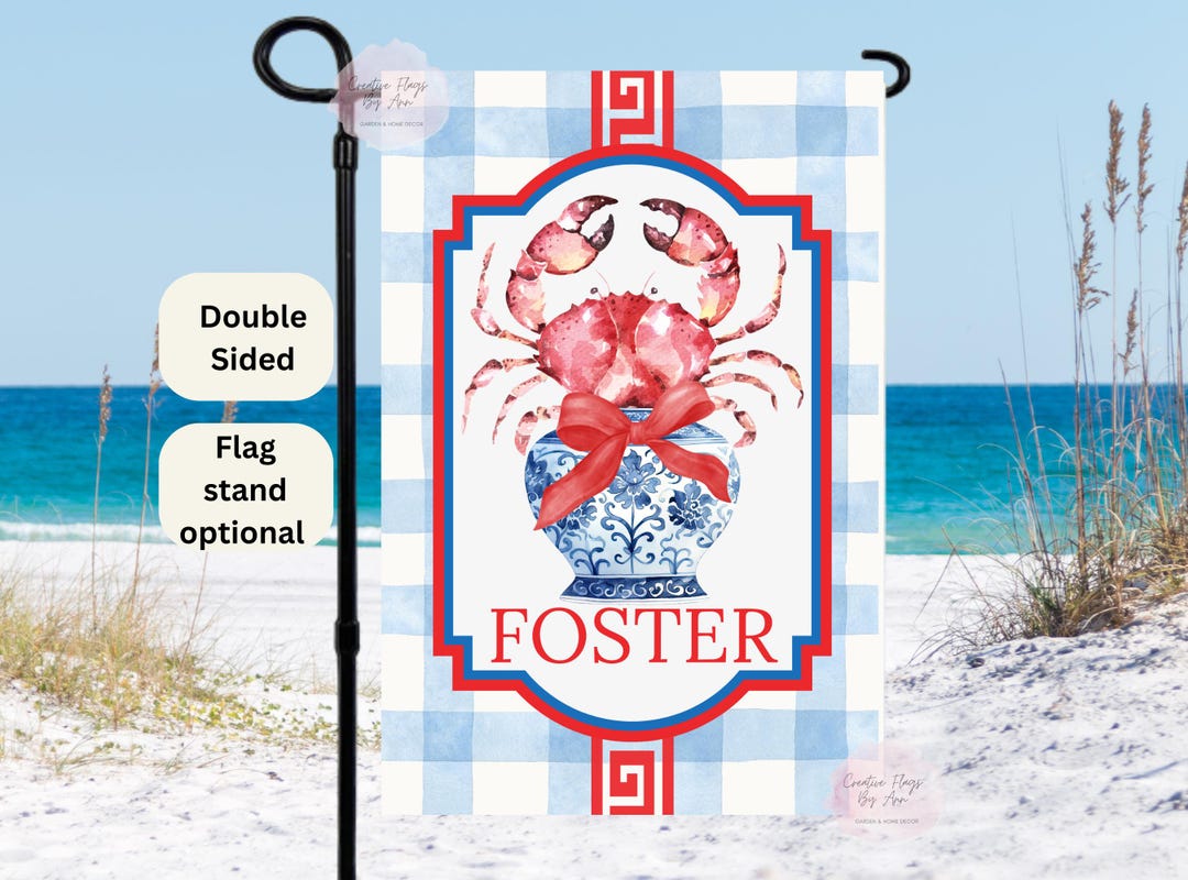 Preppy Chinoiserie Crab Flag , Personalized Ginger Jar Banner ,custom ...