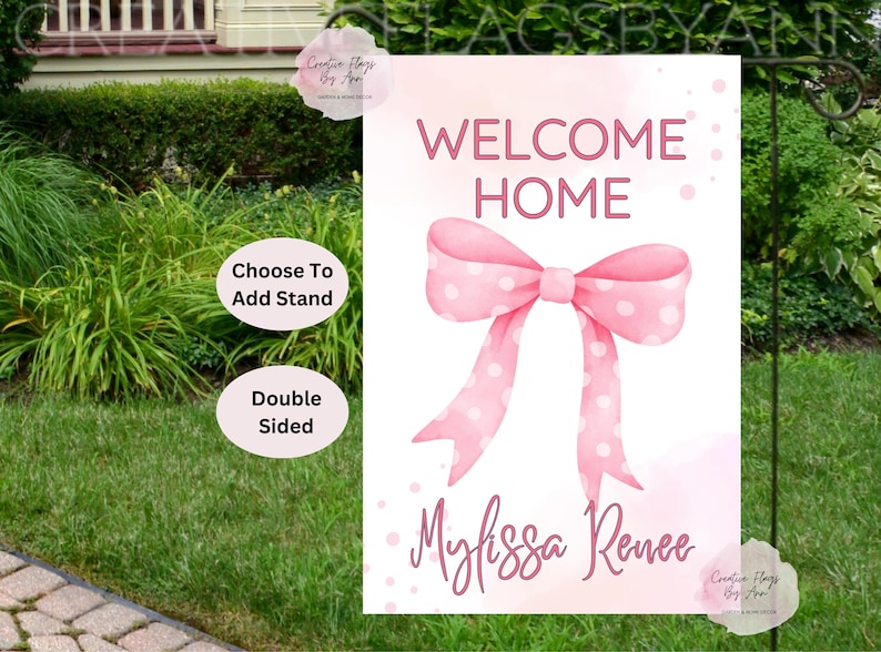 New Baby Flag, Baby Girl Flag, Welcome Baby Girl Flag, Pink Bow Garden ...