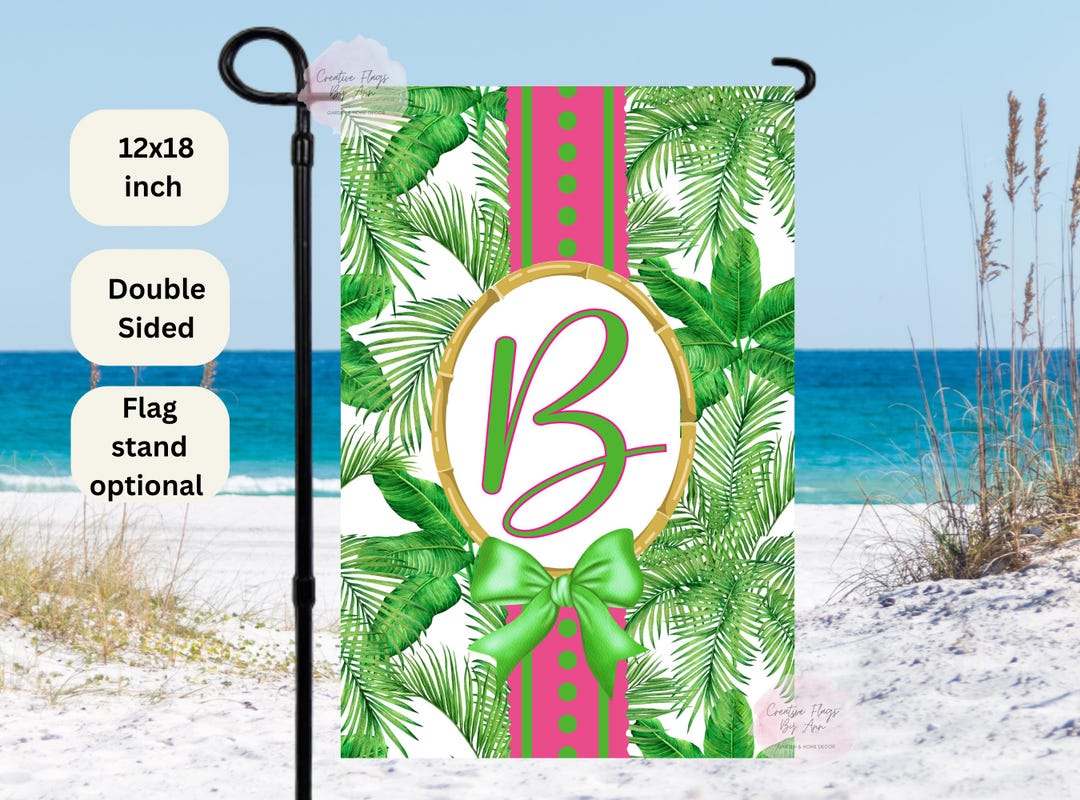 Preppy Tropical Initial Garden Flag , Custom Palm Tree Yard Banner ...