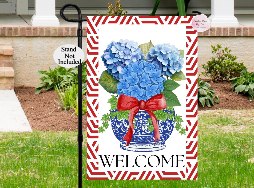 Hydrangeas Welcome Flag, Ginger Jar Flag , Personalized Blue Hydrangeas ...