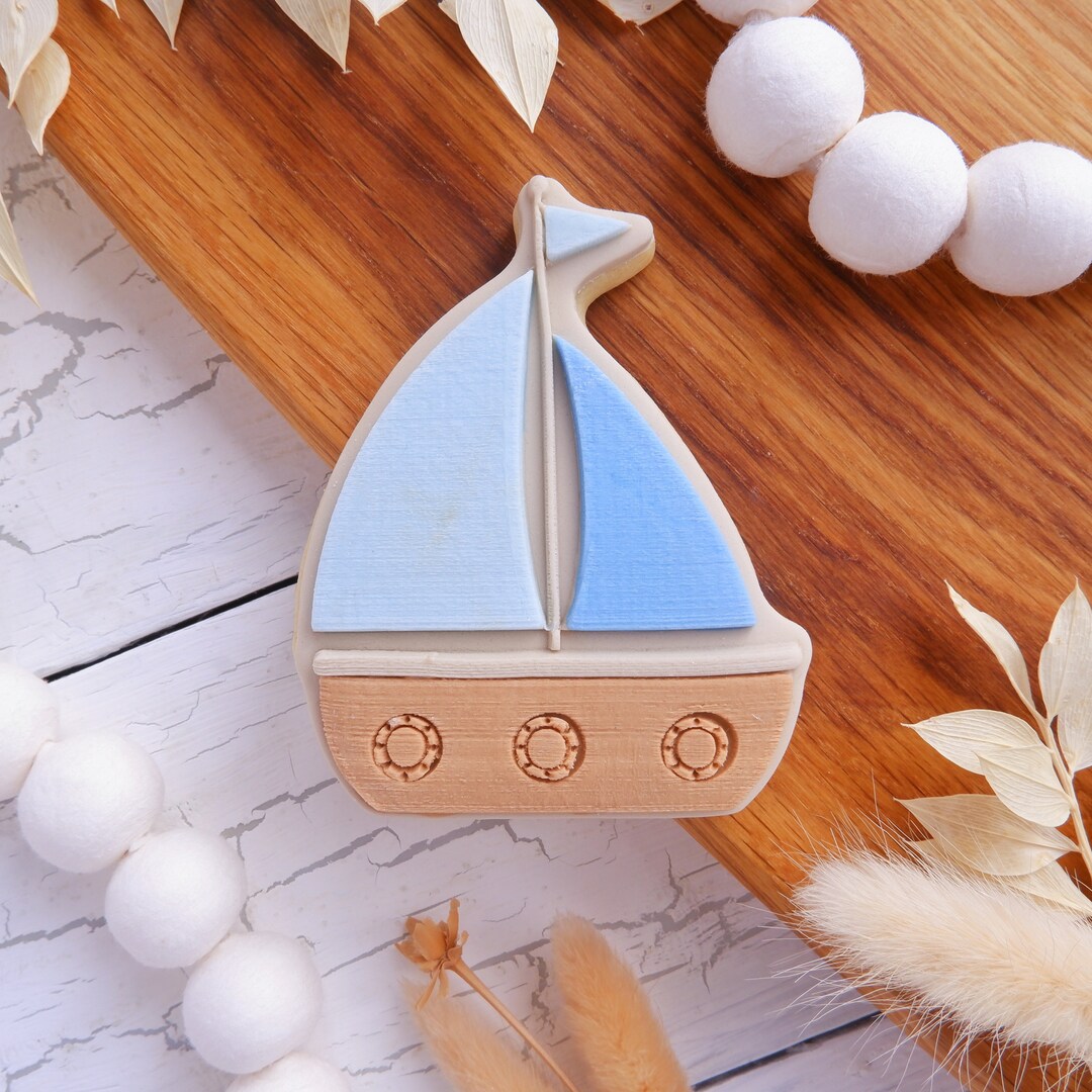 Cute Sail Boat & Cookie Cutter Combo Acrylic Fondant Stamp, Embosser ...