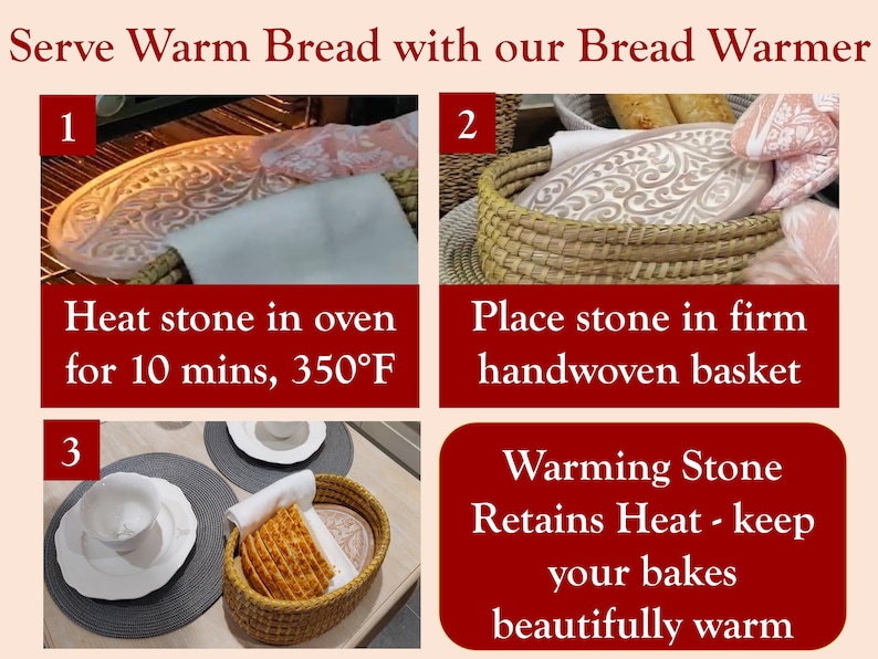 Bread Basket With Warming Stone- Serving Rolls, Tortilla Warmer ...