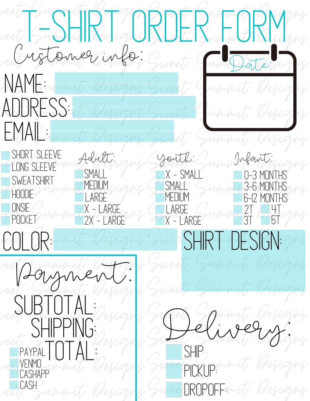 T-shirt Order Form, Order Form Digital Download, Small Business ...