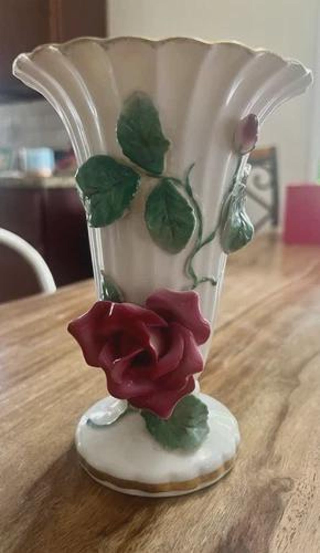 Lefton Vintage Vase Applied Red Rose W/white & Gold Accents Hand ...