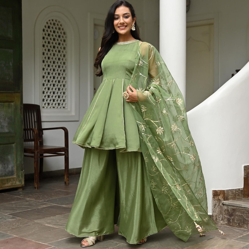 Elegant Green Sharara Suit Set,women Traditional Dress, Kurta Plazo ...