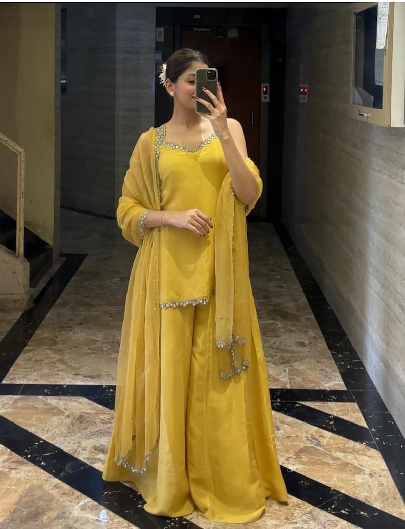Yellow Haldi Sharara Suit Set, Organza Dupatta, Indian Silk Dress - Etsy