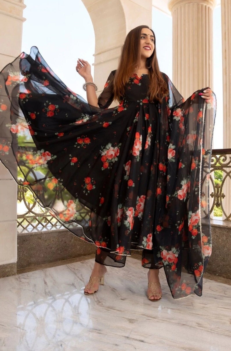 Black Pink Floral Organza Anarkali Dress Set Bollywood Style Etsy