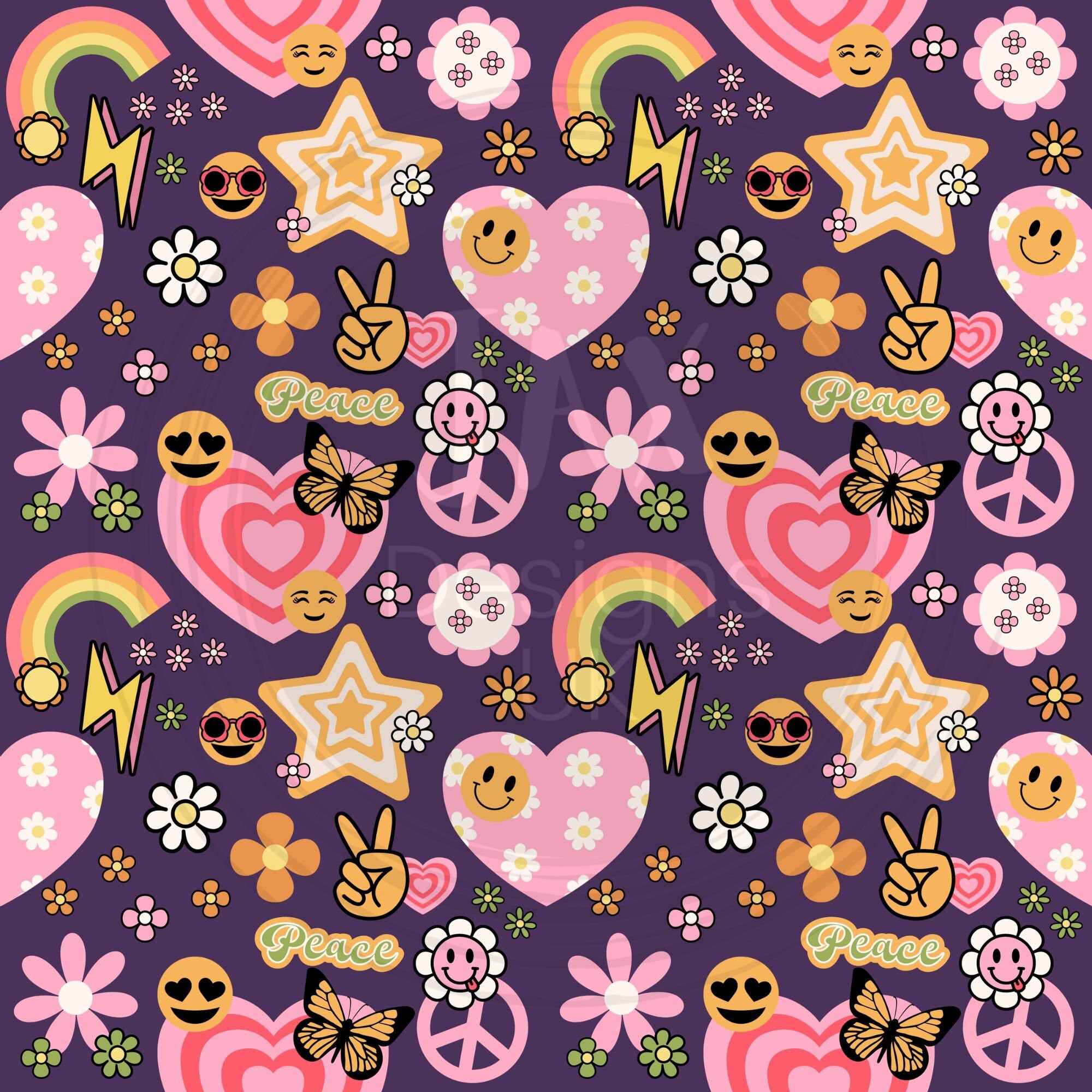 Retro Happy Faces Seamless Pattern, Hippy Repeating Pattern, Digital ...