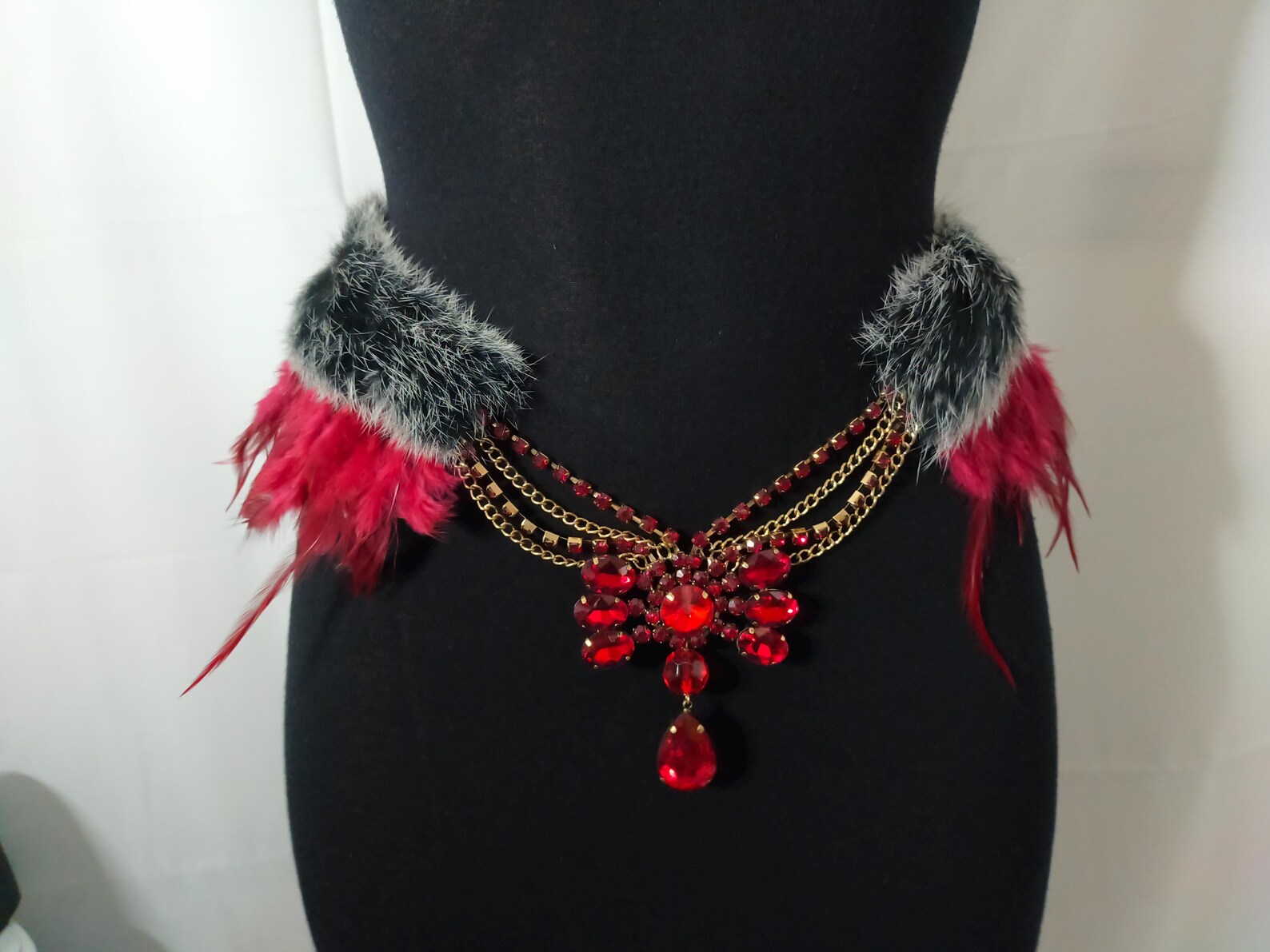 Vintage Feather Fur Chain Belt: Red Rhinestone Boho Jewelry - Etsy