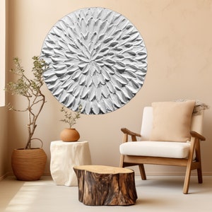 Round Wall Art, White Wall Art, Textured Art, Floral Art, 3d Artwork ...