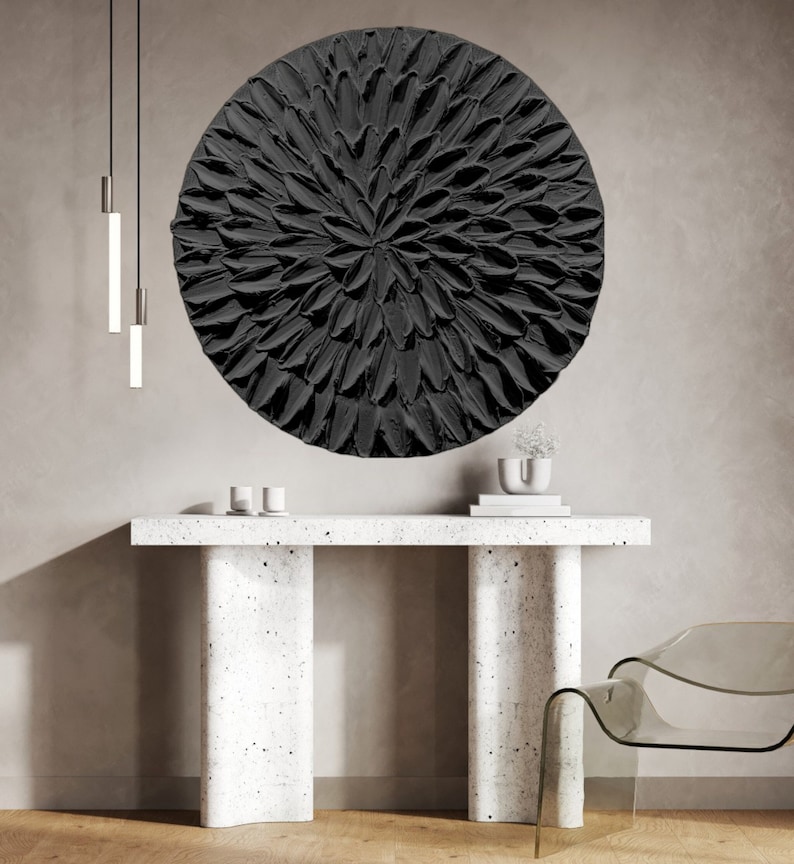 Circular Wall Art, Round Wall Art, Black Wall Art, Flower Painting ...