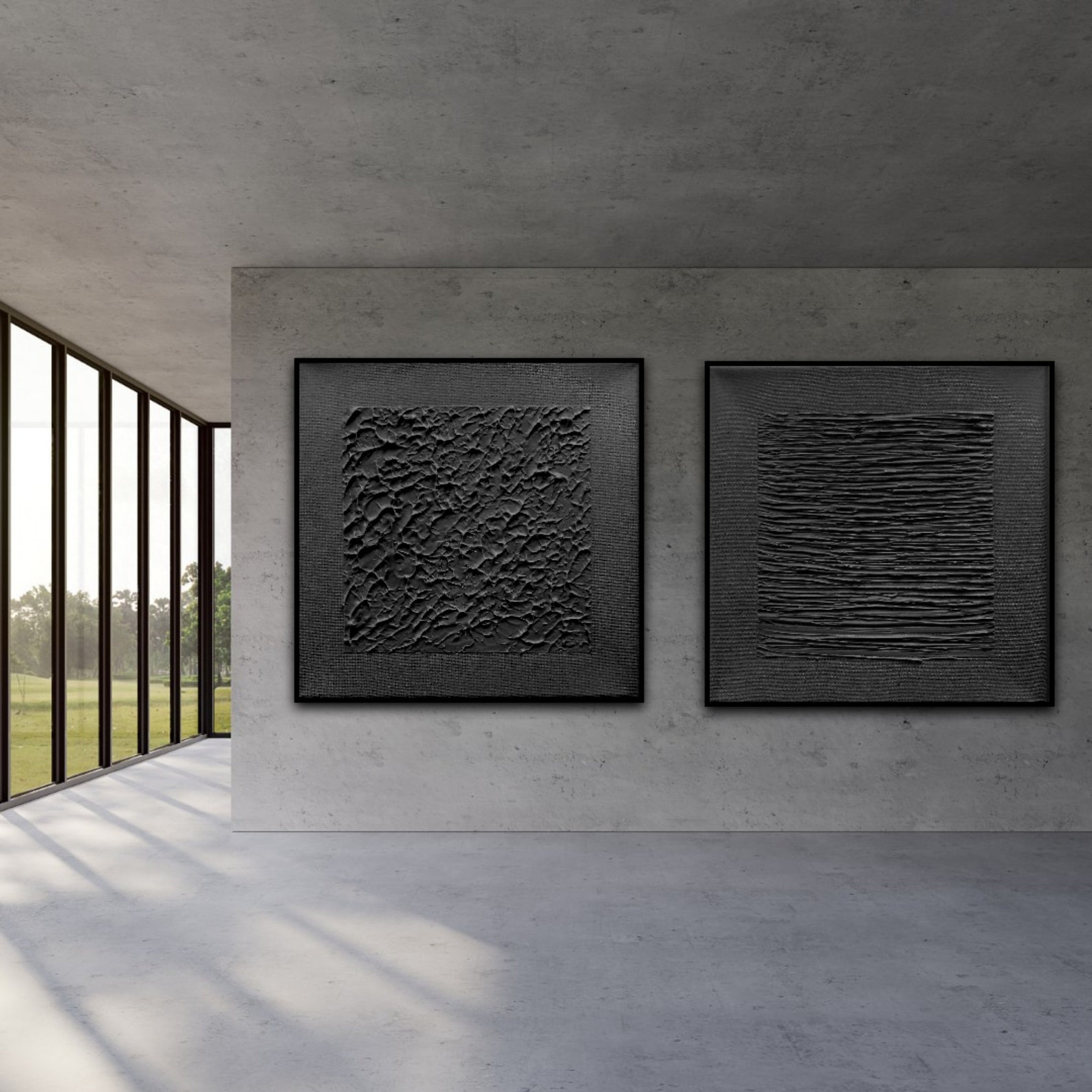 Black Plaster Wall Art, Abstract Painting Set of 2, Large Black Texture ...