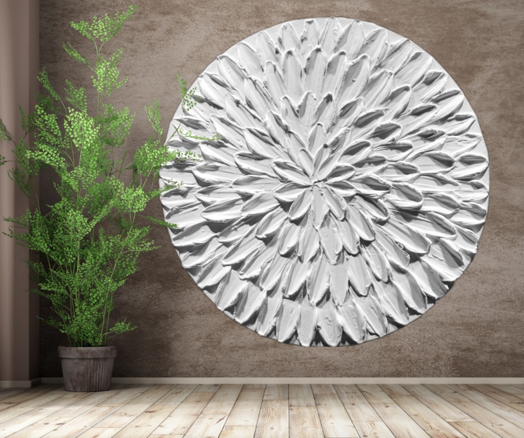 Round Wall Art, White Wall Art, Textured Art, Floral Art, 3d Artwork ...