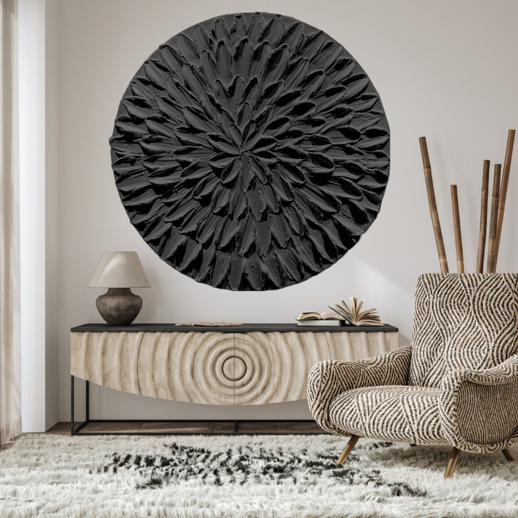 Round Wall Art, Wabi Sabi Wall Art, Black Texture Wall Art, Plaster ...